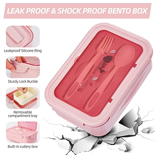 Porzu Bento Lunch Box, 1400 ML Lunch Box Meal PrepFor Kids & Adults,3 Compartments Portable Food Container with Utensil (Pink)