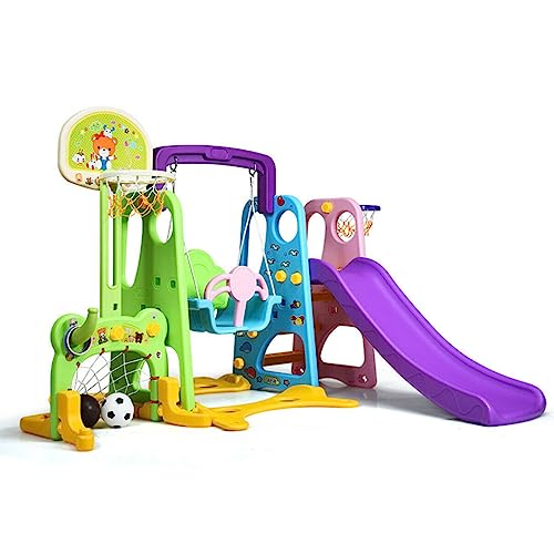 6 in 1 Toddler Swing and Slide Set, Kids Large Climber Slide Playset with Basketball Hoop, Football Gate and Golf Hole, Playground Swing Set for Indoor Outdoor Backyard 3-10 Gifts Presents