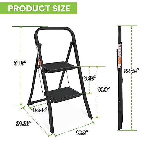 2 Step Ladder, SPIEEK Folding Step Stool with Wide Anti-Slip Pedal, 330lbs Capacity Portable Lightweight Ladders for Home Kitchen Outdoor, Black