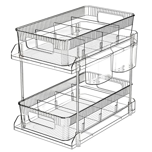 2 Tier Bathroom Organizer with Dividers,1 Set Clear Under Sink Organizers Storage Slide Out Bathroom Vanity Counter Storage Container with 4 Cups for Kitchen Pantry Cabinet Closet, Medicine Organizer