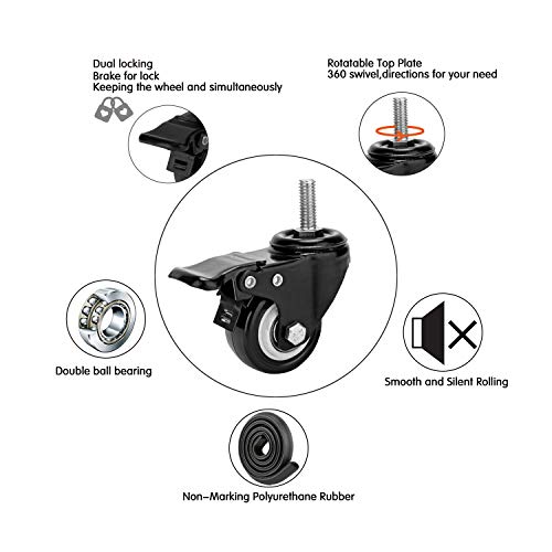 2" Stem Caster Wheels with Safety Dual Locking 600Lbs Heavy Duty Threaded Stem Casters No Noise Swivel Castors with Brakes 3/8"- 16 x 1" (Set of 4)