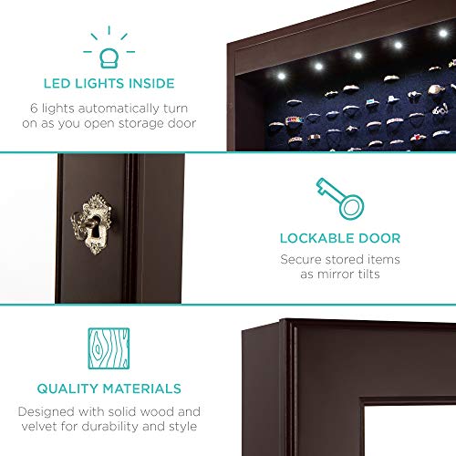 Best Choice Products 6-Tier Full Length Standing Mirrored Lockable Jewelry Storage Organizer Cabinet Armoire w/ 6 LED Interior Lights, 3 Angle Adjustments, Velvet Lining, Espresso