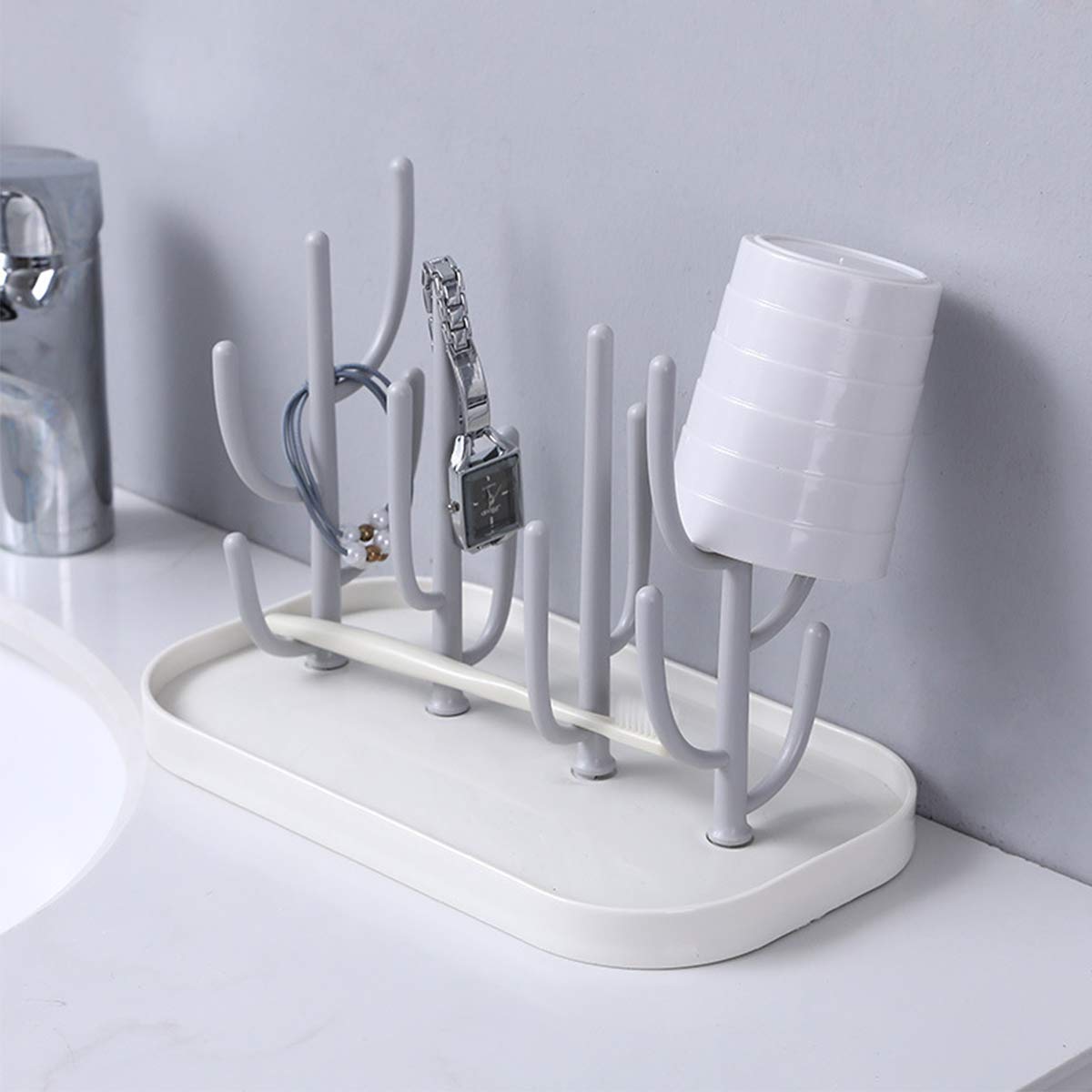 FEOOWV Baby Bottle Drying Rack with Base, Creative Tree Branch Baby Bottle Dryer Holder for Bottles, Teats, Cups, Pump Parts and Accessories (Gray)