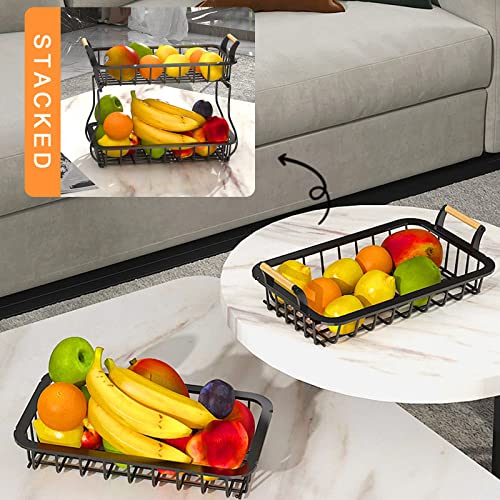 2 Tier Fruit Storage Basket Countertop for Kitchen, Bread Vegetable Farmhouse Fruit Basket Bowl Stand Detachable Metal Wire Basket with Wooden Handle for Kitchen, Reception, Dining Table(Black)