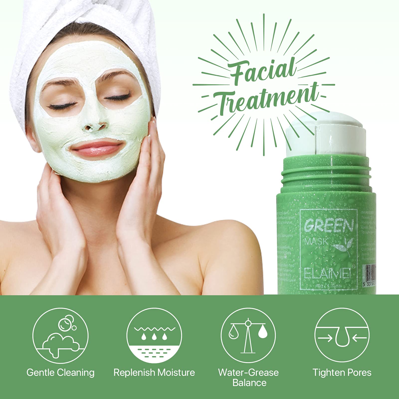 sefudun 2 Pack Green Tea Mask,Green Tea Purifying Clay Mask,Face Moisturizes,Oil Control,Deep Pore Cleansing,Blackhead Remover for All Skin Types Men Women Green Tea Solid Mask (Green 2)
