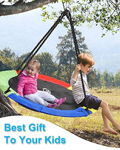 43β Saucer Tree Swing,700lbs Weight Capacity,Waterproof Textilene 360 Degree Rotation w/ 1 Swivel,2 Adjustable Ropes&2 Hanging Straps,Easy to Install,for Kids Adults Backyard,Playground(Blue)