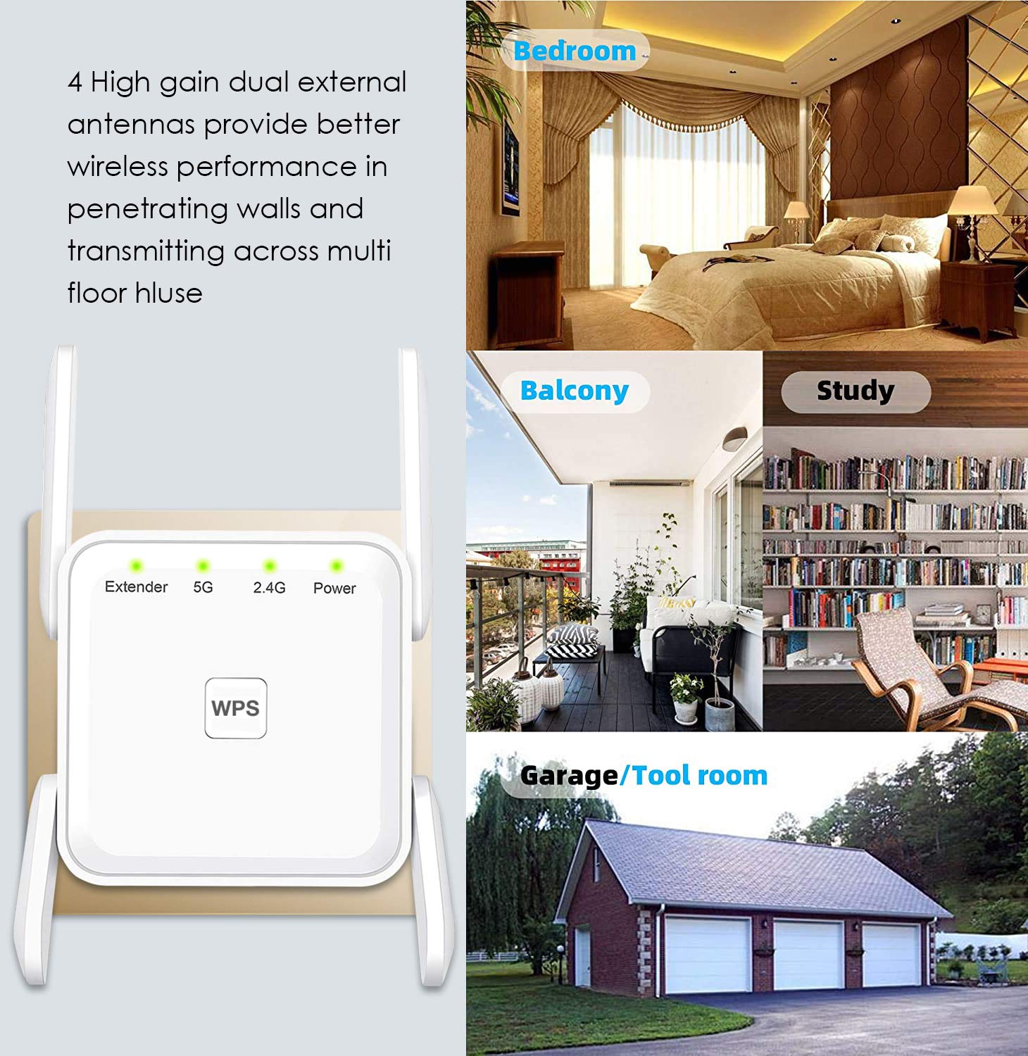 WiFi Repeater - 1200Mbps WiFi Range Extender Wireless Signal Repeater Booster, Dual Band 2.4G and 5G Expander, 4 Antennas 360° Full Coverage, Extend WiFi Signal to Smart Home Devices(AK1206 White)