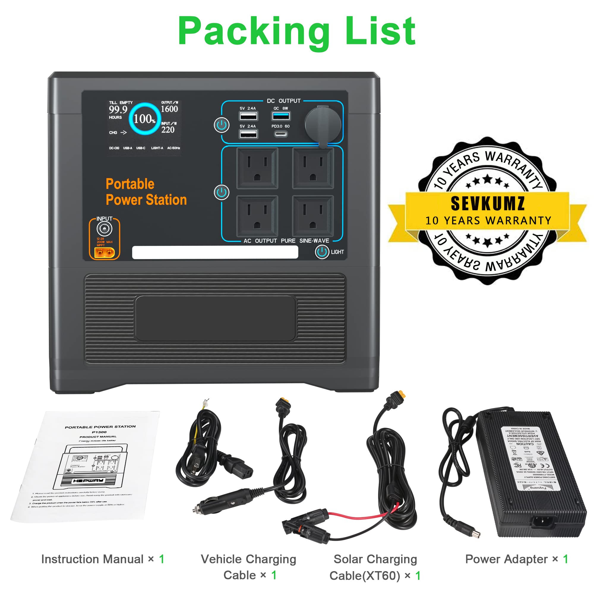 1154Wh Portable Power Station, 1500W Peak Rated 1300W Solar Generator 110-120V AC Outlets Backup Lithium Battery UPS Power Supply for Home Use Camping Outdoor Emergency (Solar Panel Not Included)