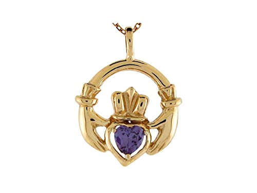 10k Yellow Gold Simulated Amethyst February Birthstone Claddagh Charm Pendant
