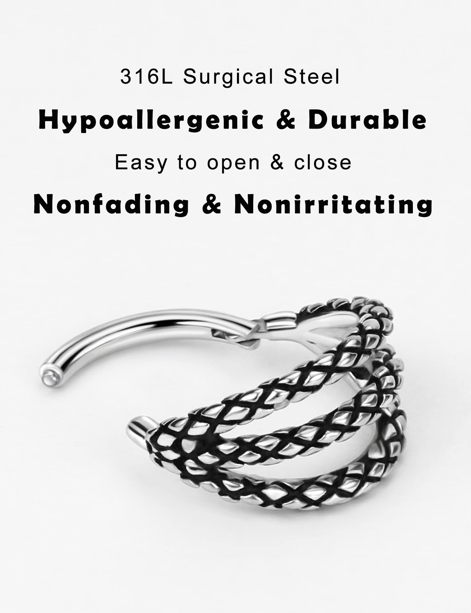 16G 8mm Silver Nose Rings Lip Septum Clicker Triple Open Stack Conch Daith Piercing Jewelry Snake Skin Cartilage Earring Hoop 316L Surgical Steel Conch Daith Helix Rook Lobe Earring Black Hoop Earring