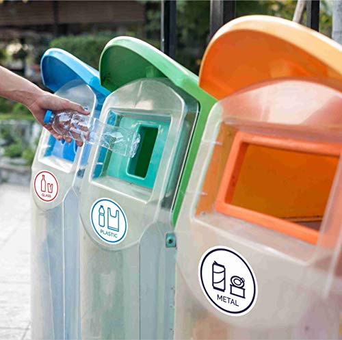 6 Pack Glass, Paper, Plastic, Metal, Trash, Recycle Sign Stickers - Self-Adhesive Vinyl Decal Recycle Logos - Eco-Friendly Trash Can Signs - 6" - Indoor & Outdoor Use - Waterproof & UV Protected