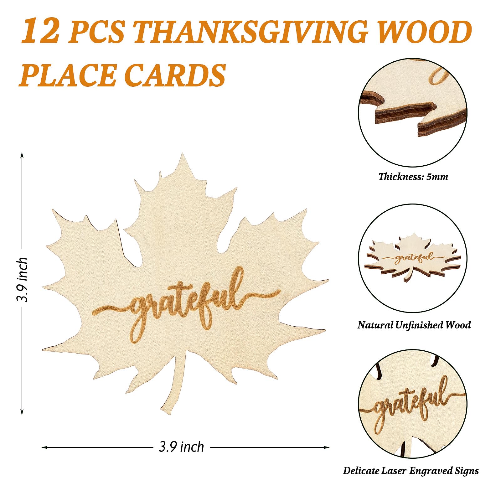 12PCS Thanksgiving Place Cards Maple Leaf Grateful Wood Sign, Fall Dining Table Plate Ornament Farmhouse Home Dinner Table Place Setting Decor