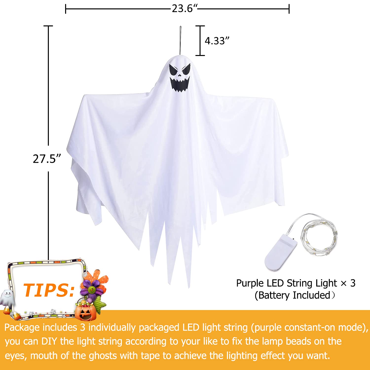 27.5” Halloween Hanging Ghosts Glow in The Dark for Halloween Party Decoration (3 Pack), Cute Flying Ghosts for Front Yard Patio Garden Tree Lawn Party Halloween Holiday Hanging Decorations