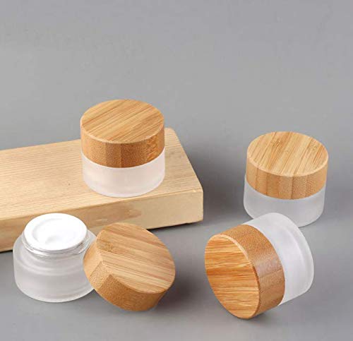 2 Pack 15ml 0.5oz Empty Refillable Round Frosted Glass Cream Jar Cosmetic Storage Container Pot Sample Jars Bottle with Natural Bamboo Lid and Inner Liners for Cream Lotion Lip Balm