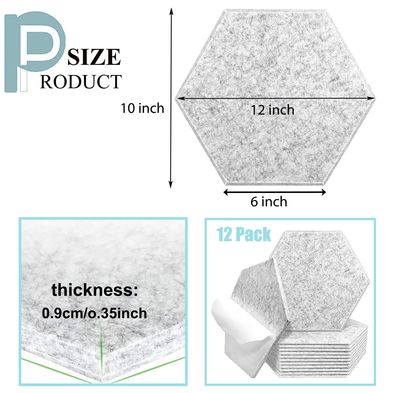 12 Pack Acoustic Panels Foam Sound Proof Padding for Wall Self-Adhesive, 12" X 10" X 0.4" Hexagon Wall Tiles Panels High Density Sound Dampening Absorb Noise for Studio Home Office (Silver Gray)