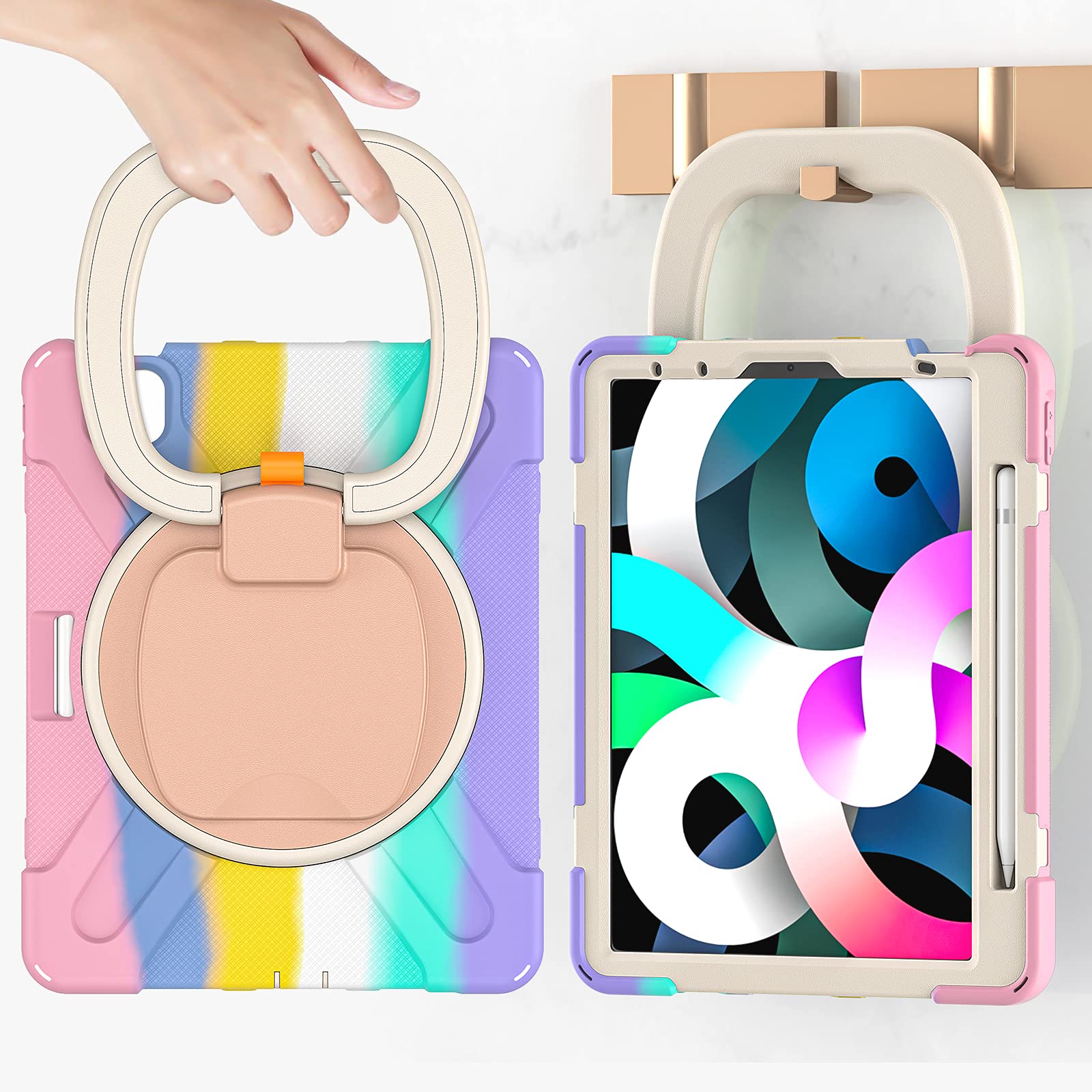 MEEgoodo Case for iPad Air 13 inch (M2) 2024 & iPad Pro 12.9 Case 6th/5th/4th/3rd Generation 2022 2021 2020 2018, Tablet Cover with Pencil Holder/Rotating Stand/Shoulder Strap for Kids, Colourful Pink