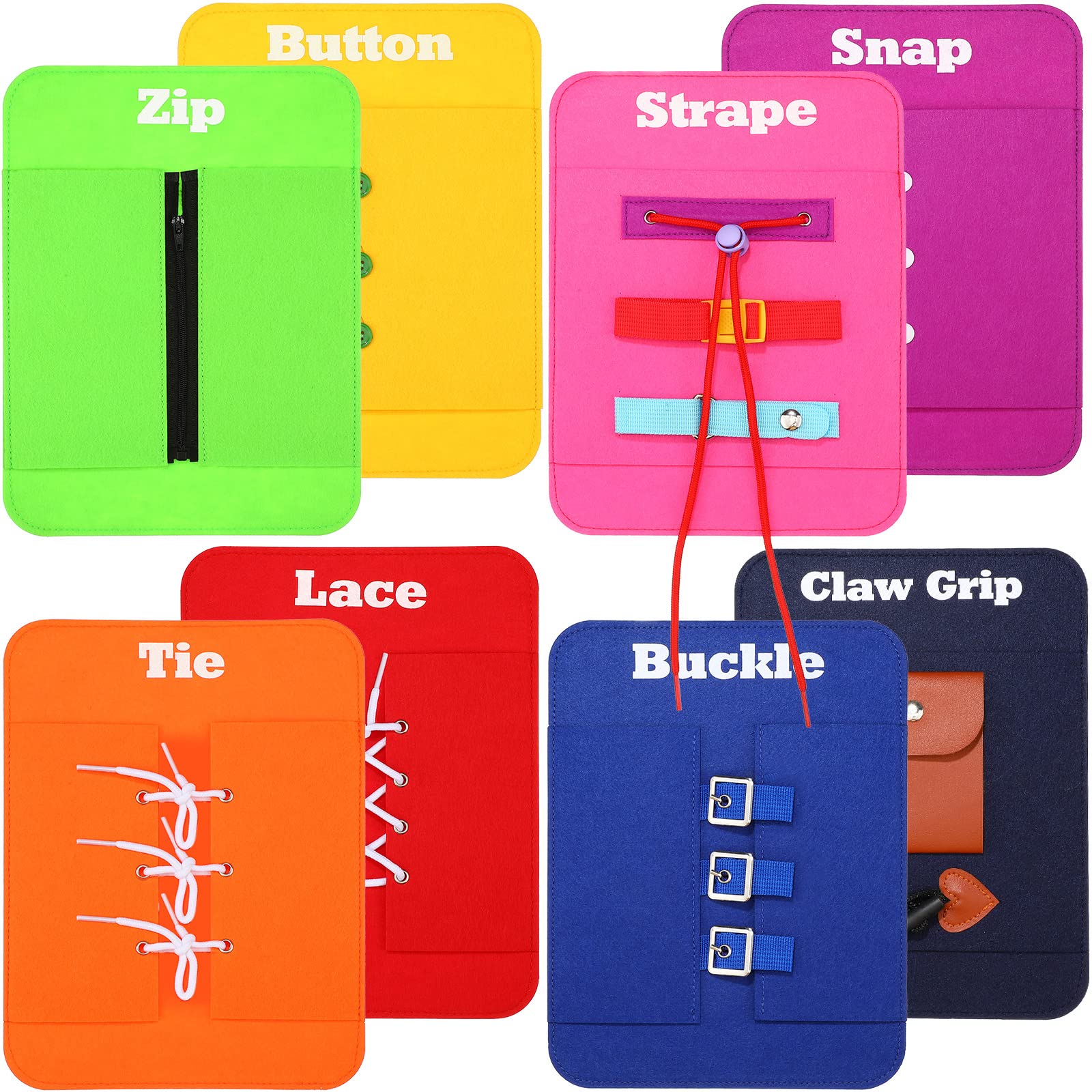 8 Pieces Early Learning Toys Toddlers Learn to Dress Practice Boards Basic Life Skills Busy Board Includes Zip, Snap, Button, Buckle, Lace and Tie for Preschool Education Classroom Supplies Activity