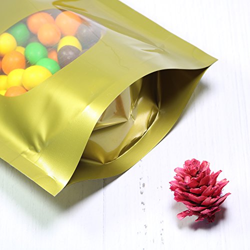 Double-Sided Matte/Glossy Color with Clear Round Window Stand-Up Pouch (6.3" x 8.7", Glossy Gold | 100 Bags)
