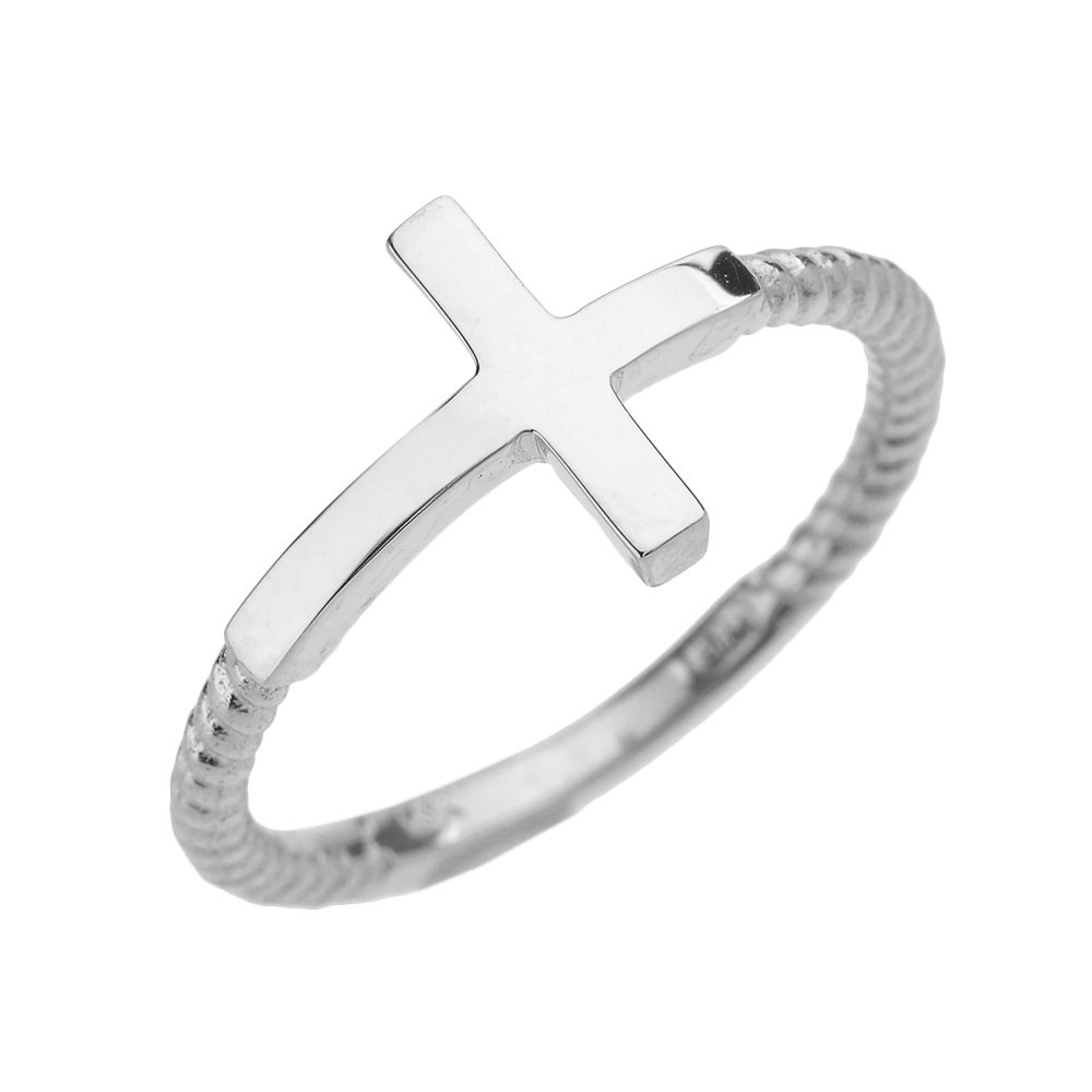 10k White Gold Twisted Rope Band Sideways Cross Ring (1.6 mm Band Width) (Size 5.5)