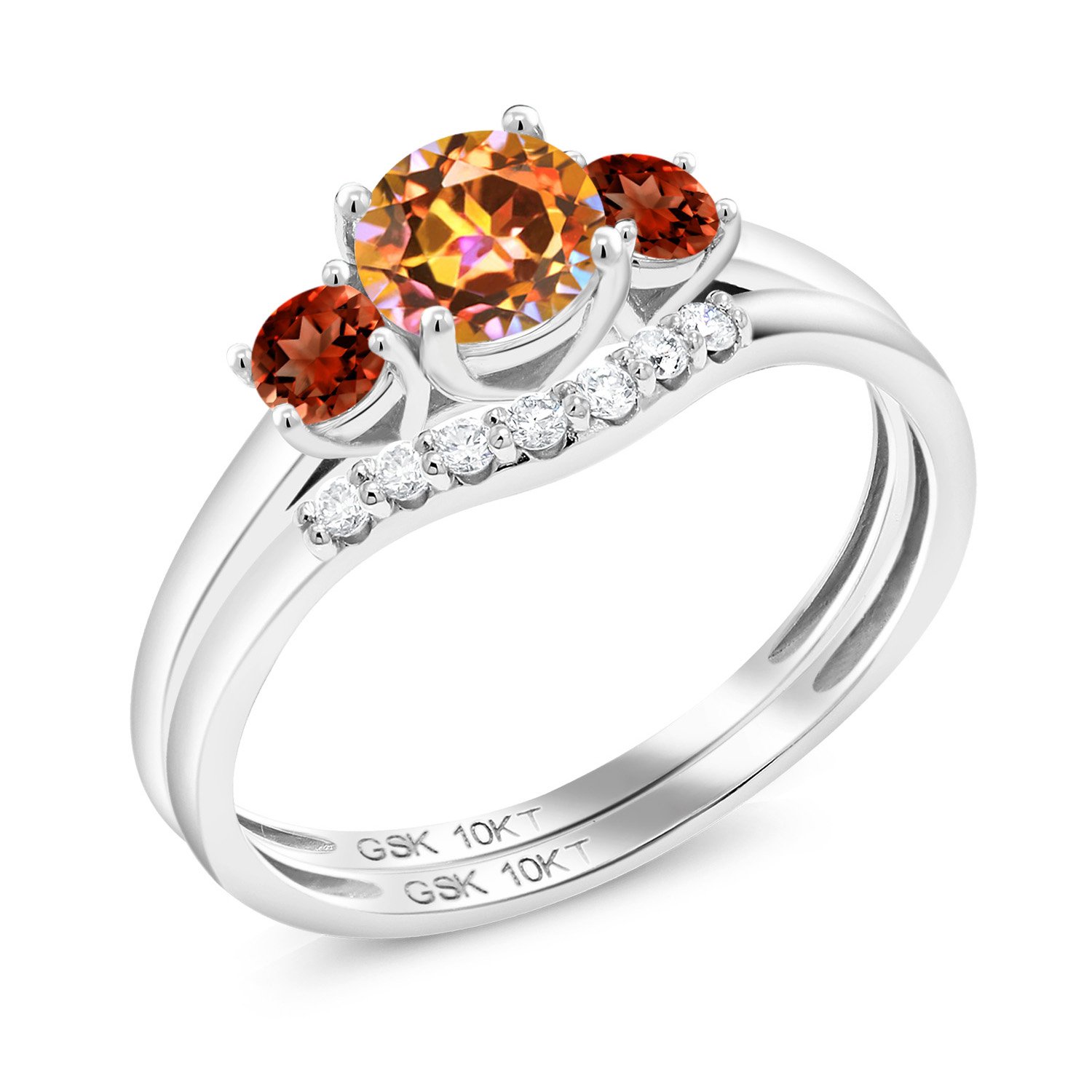 10K White Gold Ecstasy Mystic Topaz and Red Garnet and White Lab Grown Diamond 3-Stone Bridal Engagement Wedding Ring Set For Women (0.86 Cttw, Gemstone November Birthstone, Round 5MM, Size 7)