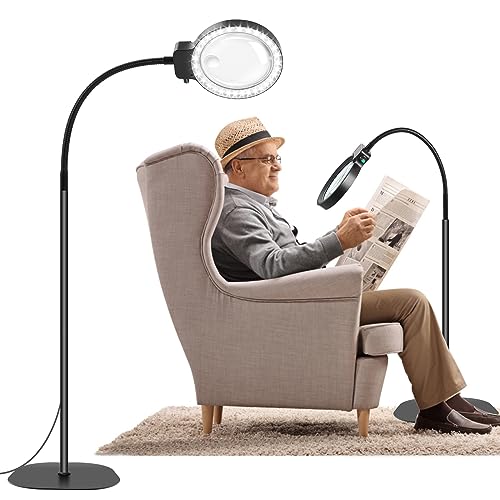 10X 5X Floor Magnifying Glass with Light and Stand,36 LED Flexible Gooseneck Magnifying Lamp, Adjustable Brightness Large Lighted Magnifiers for Reading,Sewing,Crafts,Painting,DIY,Close Work,Repair