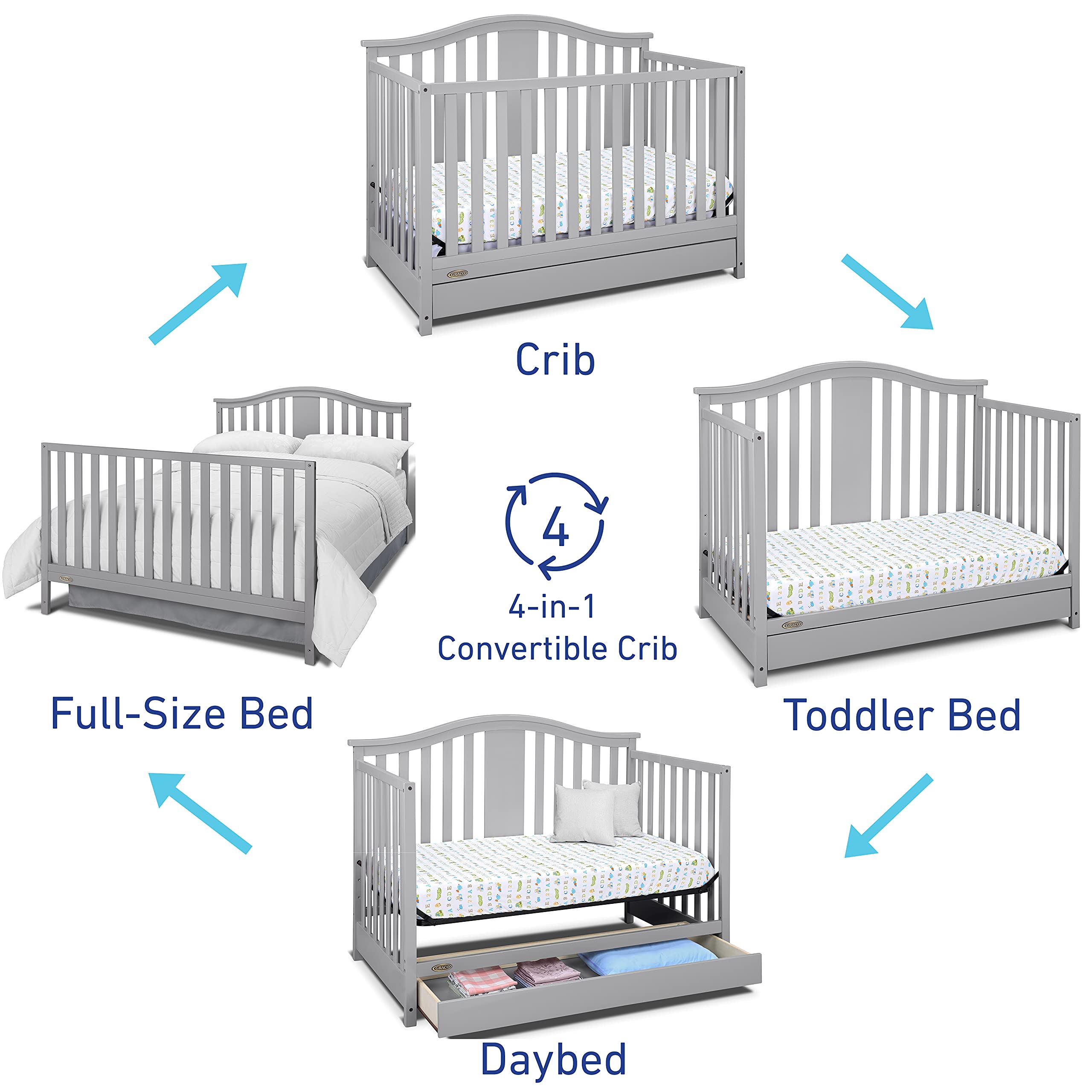 Graco Solano 4-in-1 Convertible Crib with Drawer (Pebble Gray) – GREENGUARD Gold Certified, Crib with Drawer Combo, Includes Full-Size Nursery Storage Drawer, Converts to Toddler Bed and Full-Size Bed