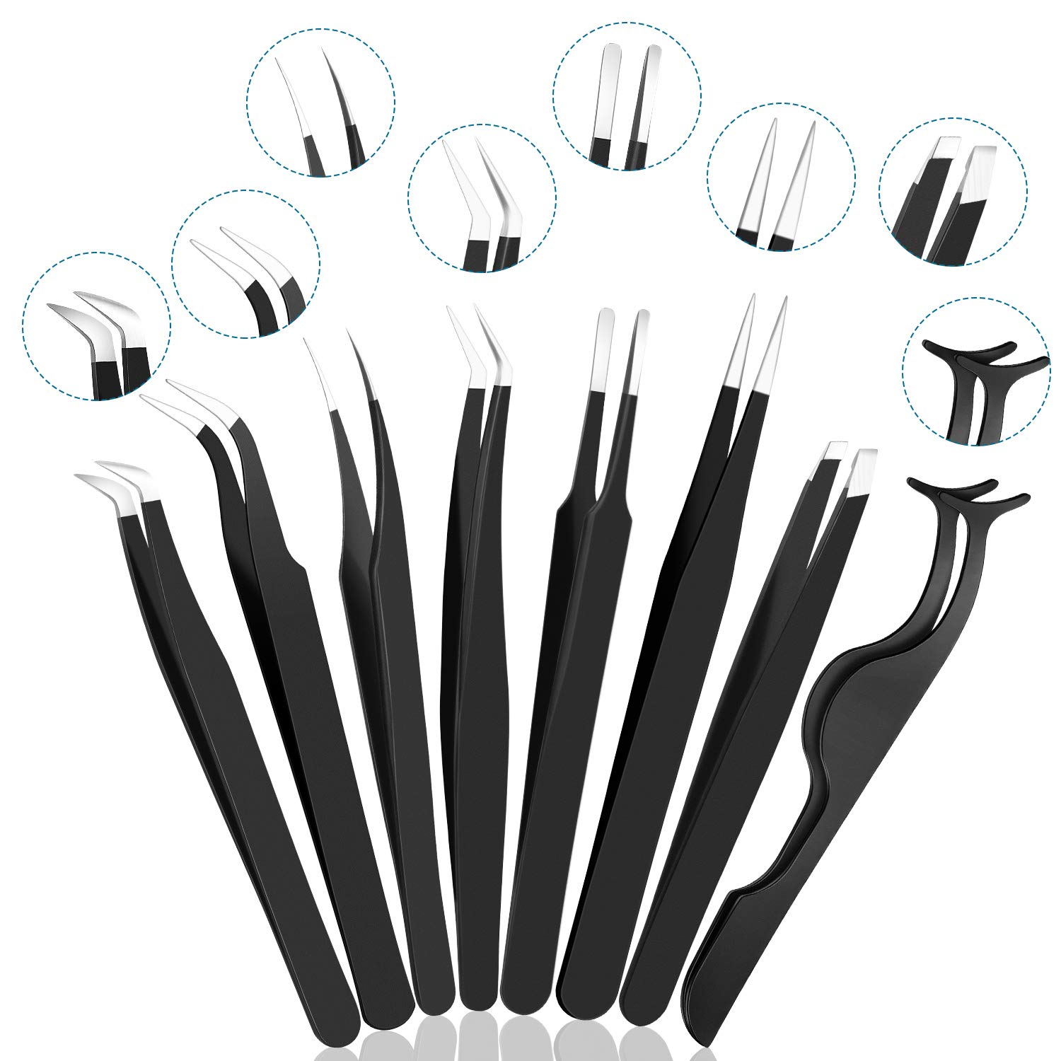 8 Pieces Eyelash Extension Tweezers Set Straight and Curved Tip False Lash Tweezers Eyelash Applicator Tool Stainless Steel Precision Tweezers for Eyelash Extension with Velvet Bag (Black)