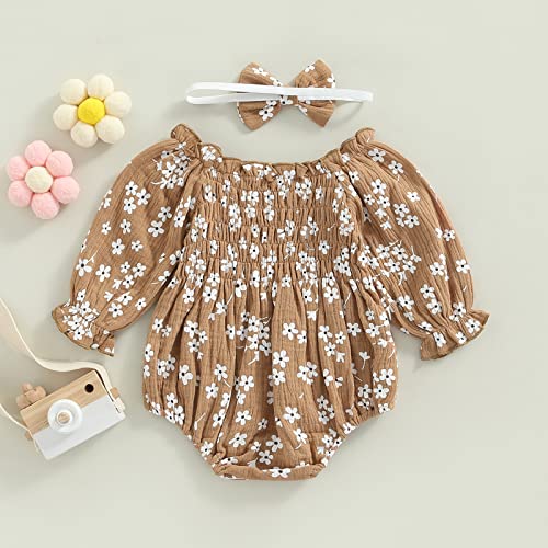 2pcs Infant Baby Girls Romper Headband 0-24M Ruffles Long Sleeve Off Shoulder Flowers Printed Sweet Jumpsuit (Brown, 0-6 Months)