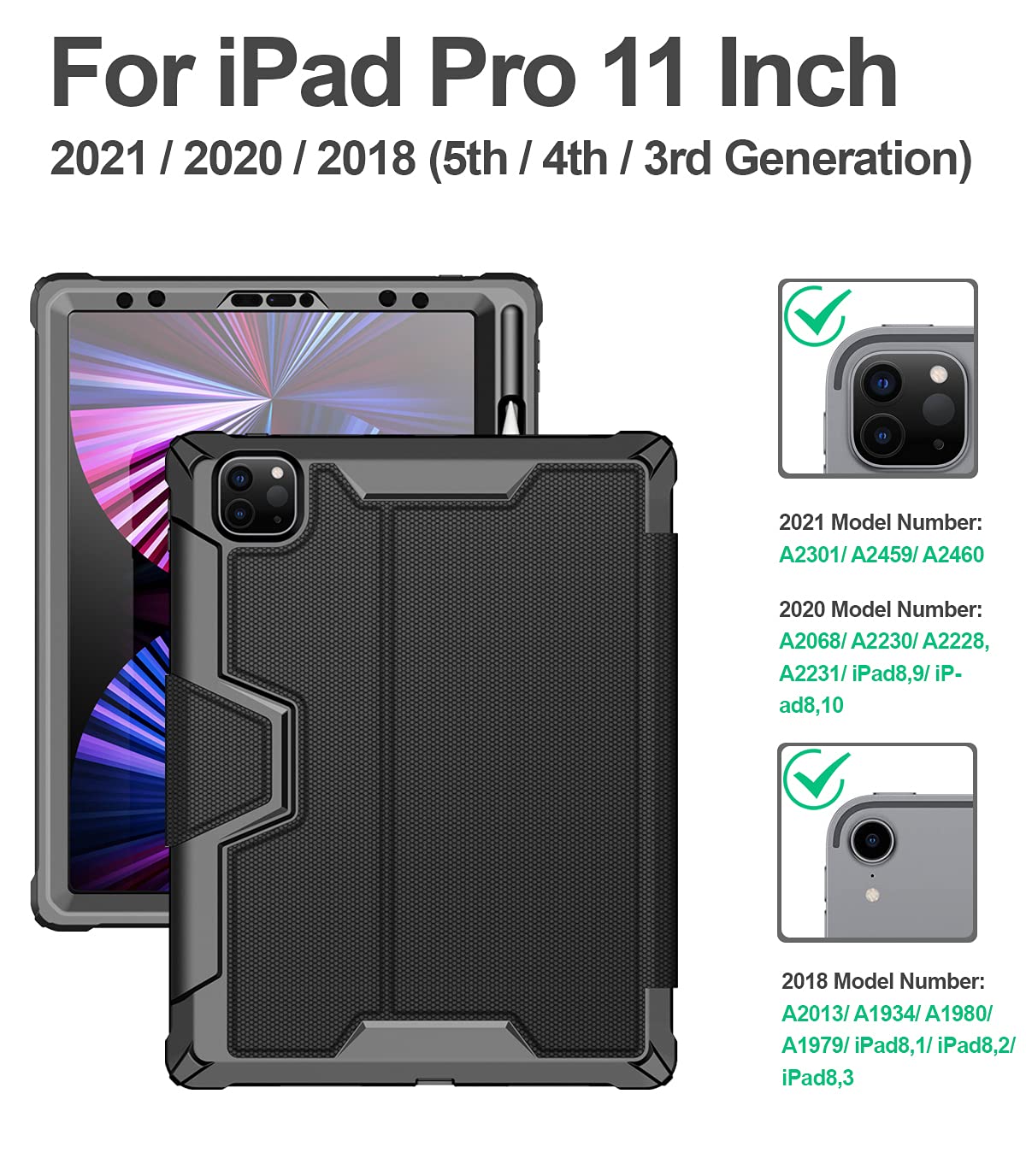 Poetic Explorer Case Designed for iPad Pro 11 Inch 4th Gen 2022/3rd Gen 2021/2nd Gen 2020/1st Gen 2018, Three Layers Tough Stand Cover Case with Built-in Screen Protector and Pencil Holder, Black