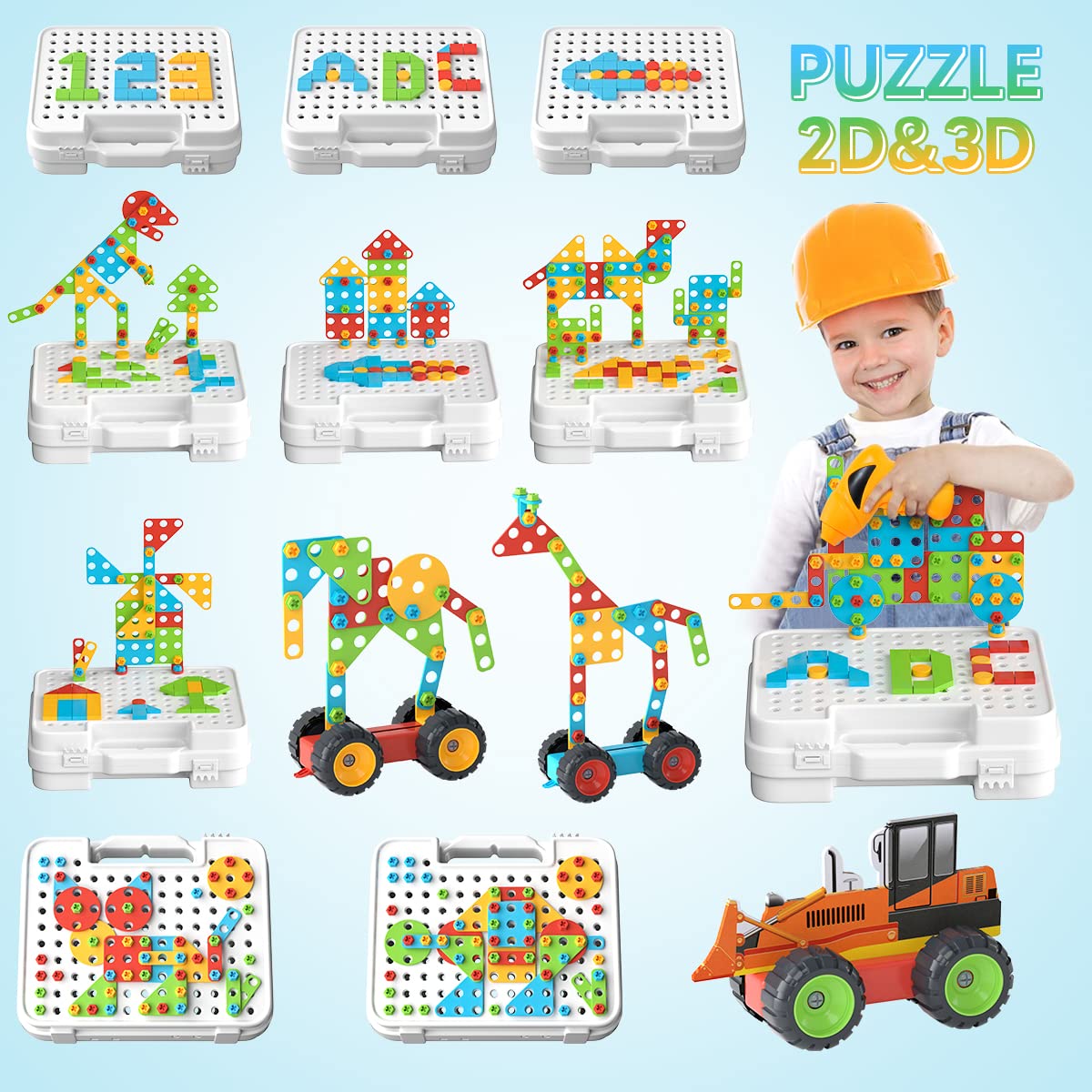 290PCS Building Toys, 3D STEM Learning Toys with Electric Creative Mosaic Drill Toys Set Building Blocks, DIY Educational Construction Engineering Screwdriver Tool Set Gift for Kids Boys Girls Aged 3+