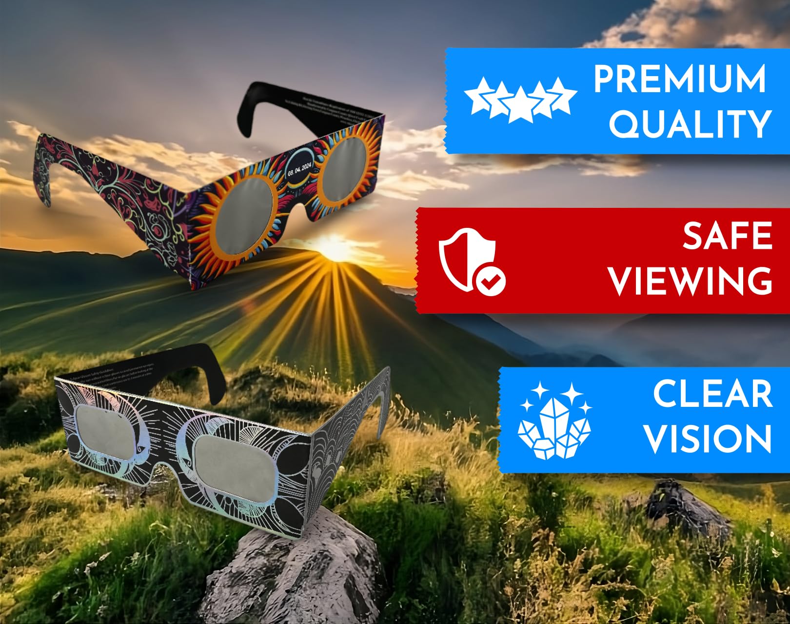 10x Premium Solar Eclipse Viewing Glasses - Safe, Certified, Durable Paper Frames - Pack of 10 - Perfect for Astro Enthusiasts and Outdoor Events