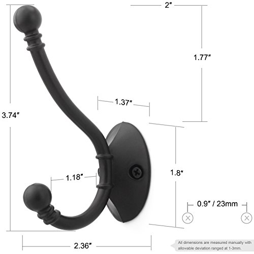 6 PCS 3-3/4 Inch Double Prong Retro Coat and Hat Hook Heavy Duty Metal Wall Hangers with Ball Ends (Screws Included), Flat Black