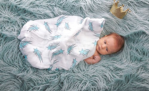 Adam & Elsa Baby Swaddling Blankets Organic Silky Soft Muslin Cotton Bamboo - Exclusive Prints - Boys & Girls Unique Gift Box - Unisex 4 Pack Oversized (Aqua Blue Wish Upon Star & Moon)