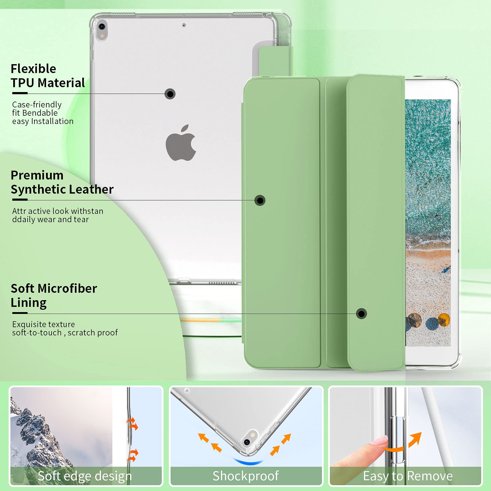 Aoub Case for iPad Air 3rd Generation/Pro 10.5, Trifold Stand Auto Sleep/Wake Slim Smart Cover Frosted Translucent Soft TPU Shockproof Case with Pencil Holder for Air/Pro 10.5 inch, Light Green