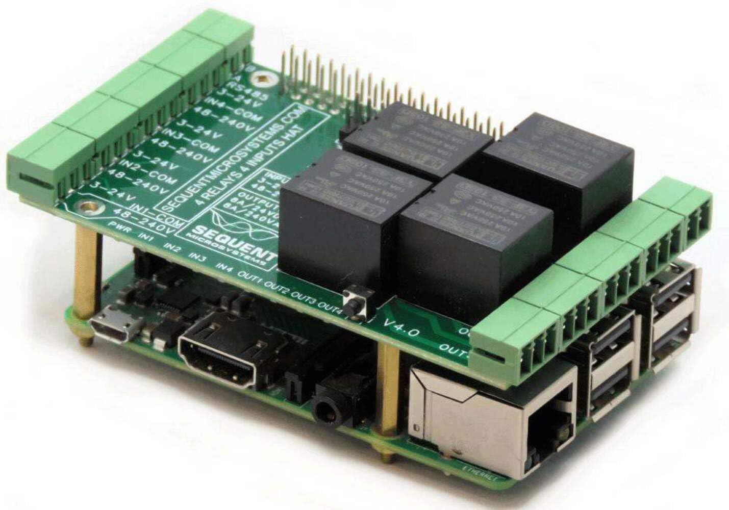 Sequent Microsystems Four Relays Four HV Inputs 8-Layer Stackable HAT for Raspberry Pi +5V