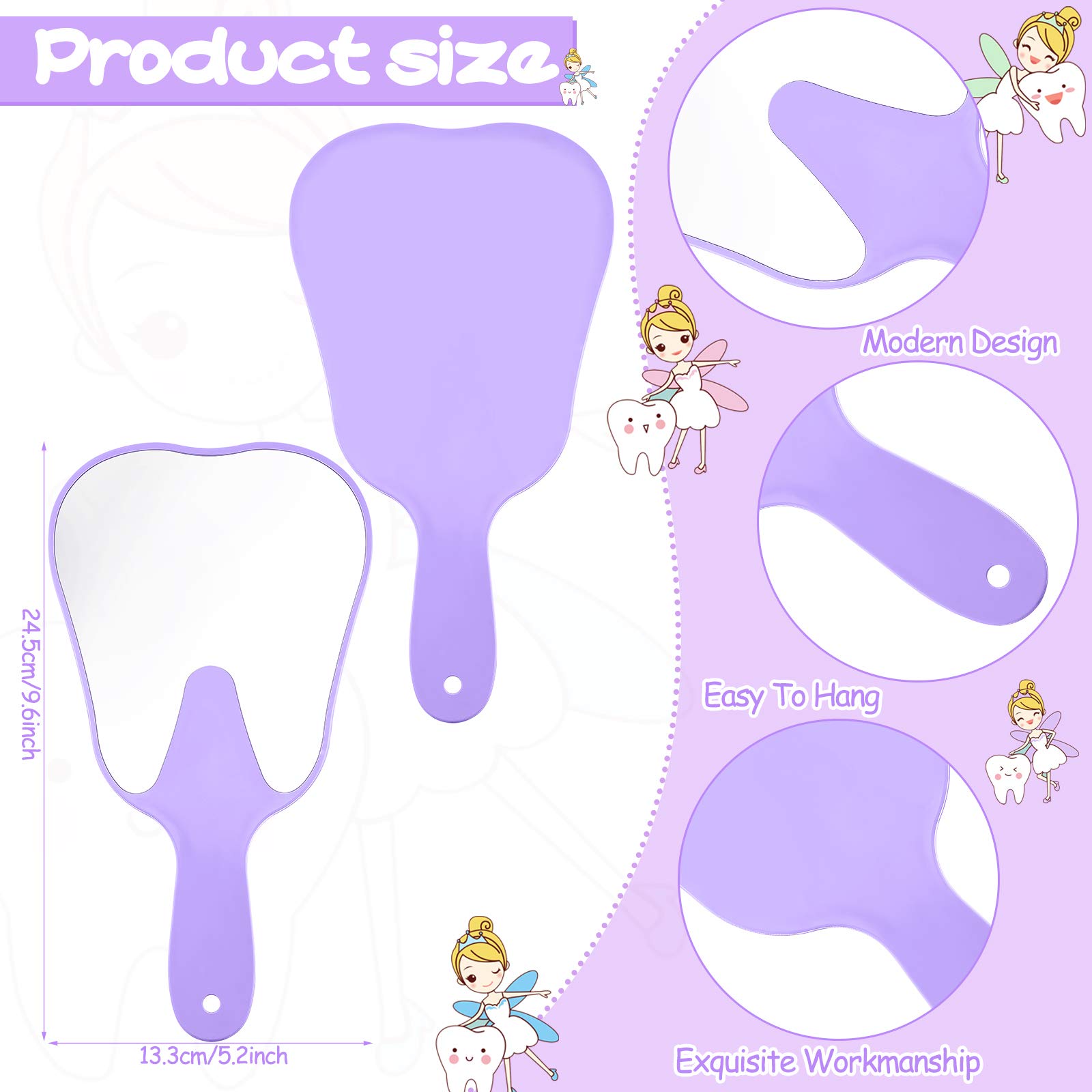 Jetec 2 Pieces Tooth Shaped Handheld Mirror Cute Makeup Mirror Hand Held Plastic Dental Mirrors with Handle Cosmetic Hand Mirror Back to School for Women Men Gifts(White, Purple)