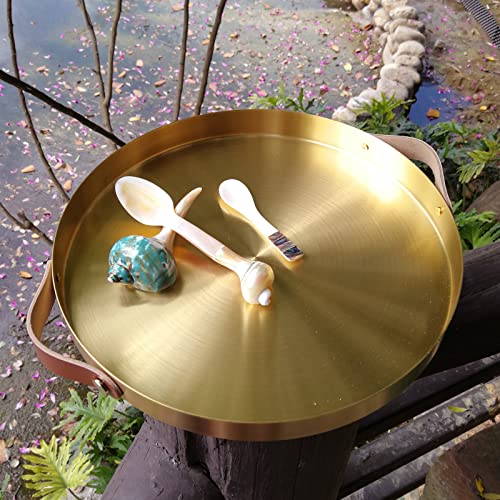 12 Inch Round Golden Tray with Brown Handle, Metal Vanity Tray with Mirror Finish, 1”Deep Decorative Brass Tray Serving Platter for Dessert Table, Jewelry, Exxacttorch