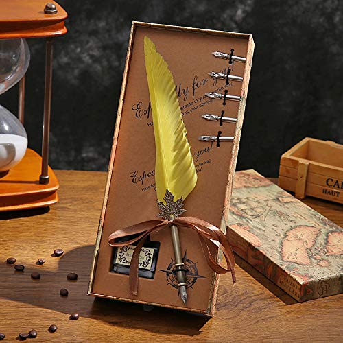 11 Colors 25-30cm Calligraphy Pen for Beginners Dip Pen Feather Pen Gift Box Retro Goose Feather Pens Set New Year's Christmas Gift with Ink Bottle 5 Replacement Nibs (yellow)