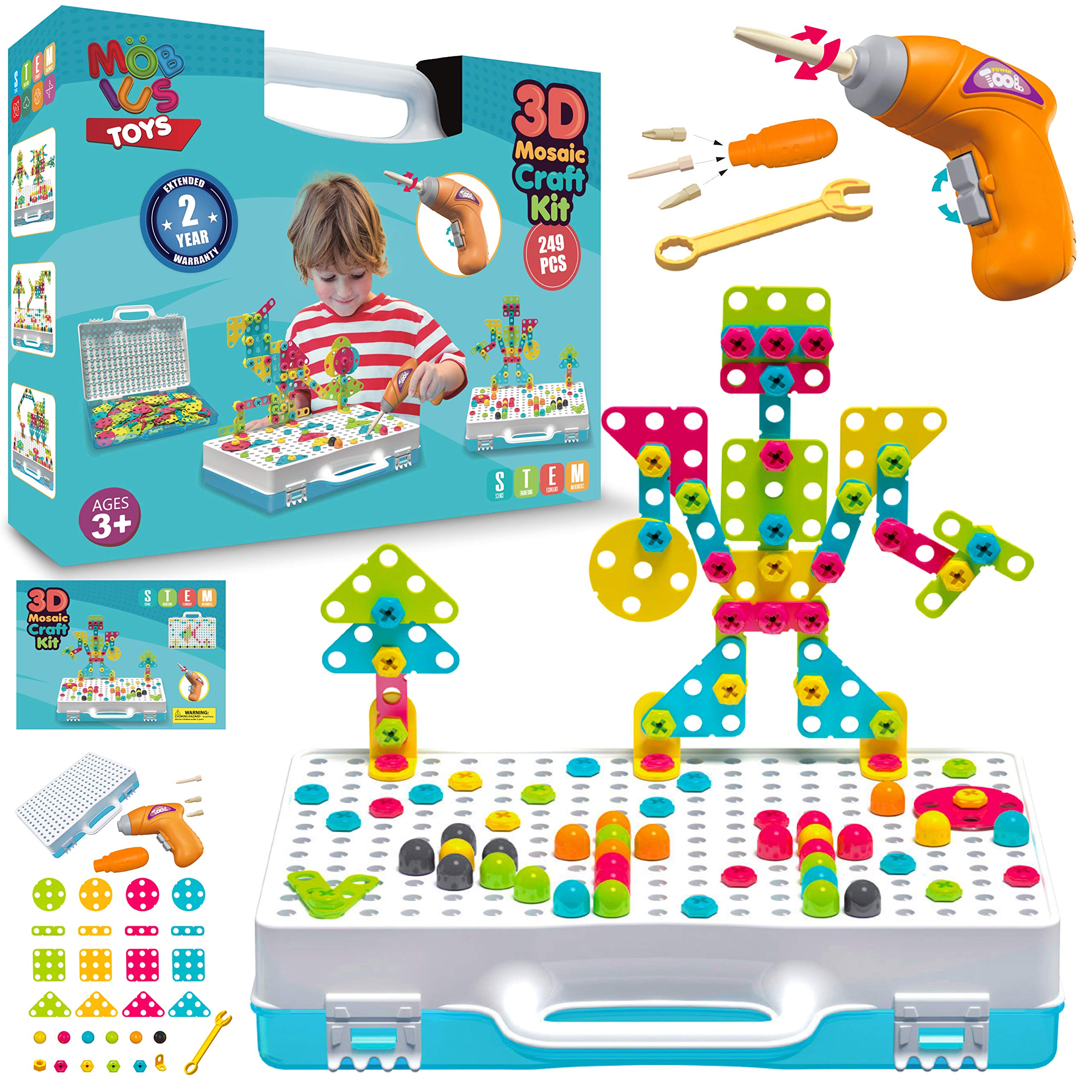 249 PCS STEM Learning Toys – Electric Drill DIY Educational Set, Creative Engineering with Various Shapes and 5 Toy Tools – 2&3D Mosaic Construction Kit for Toddlers, Boys and Girl Ages 3 4 5 6 7 8 9