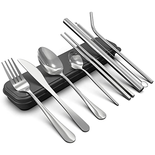 DAONG Portable Cutlery Set, Camping Cutlery Set, Travel Cutlery Set, Stainless Steel Table Cutlery Set, with Organiser for Home, Kitchen, School, Workplace, Lunch Box (Silver 9 pieces)
