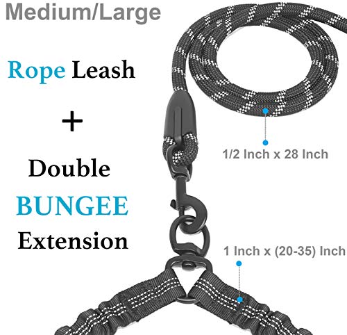 iYoPets Double Dog Leash with Two Extra Traffic Handles, 360 Swivel No Tangle Dual Dog Walking Leash, Comfortable Shock Absorbing Reflective Bungee for Two Dogs (18~120 lbs, Black)