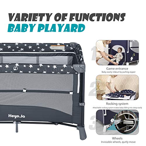Heyo.Ja Portable Baby Playard, 4 in 1 Pack and Play, Baby Bedside Sleeper with Bassinet, Changing Table, Foldable Bassinet Bed with Luxury Mosquito Net for Boys Girls Infant(Gray)