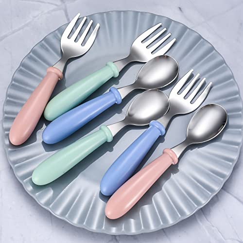 6 Pcs Toddler Utensils Set, Baby Silverware Set, Stainless Steel Toddler Forks and Spoons, Children Baby Spoons and Forks Cutlery Set with Round Handle, Dishwasher Safe