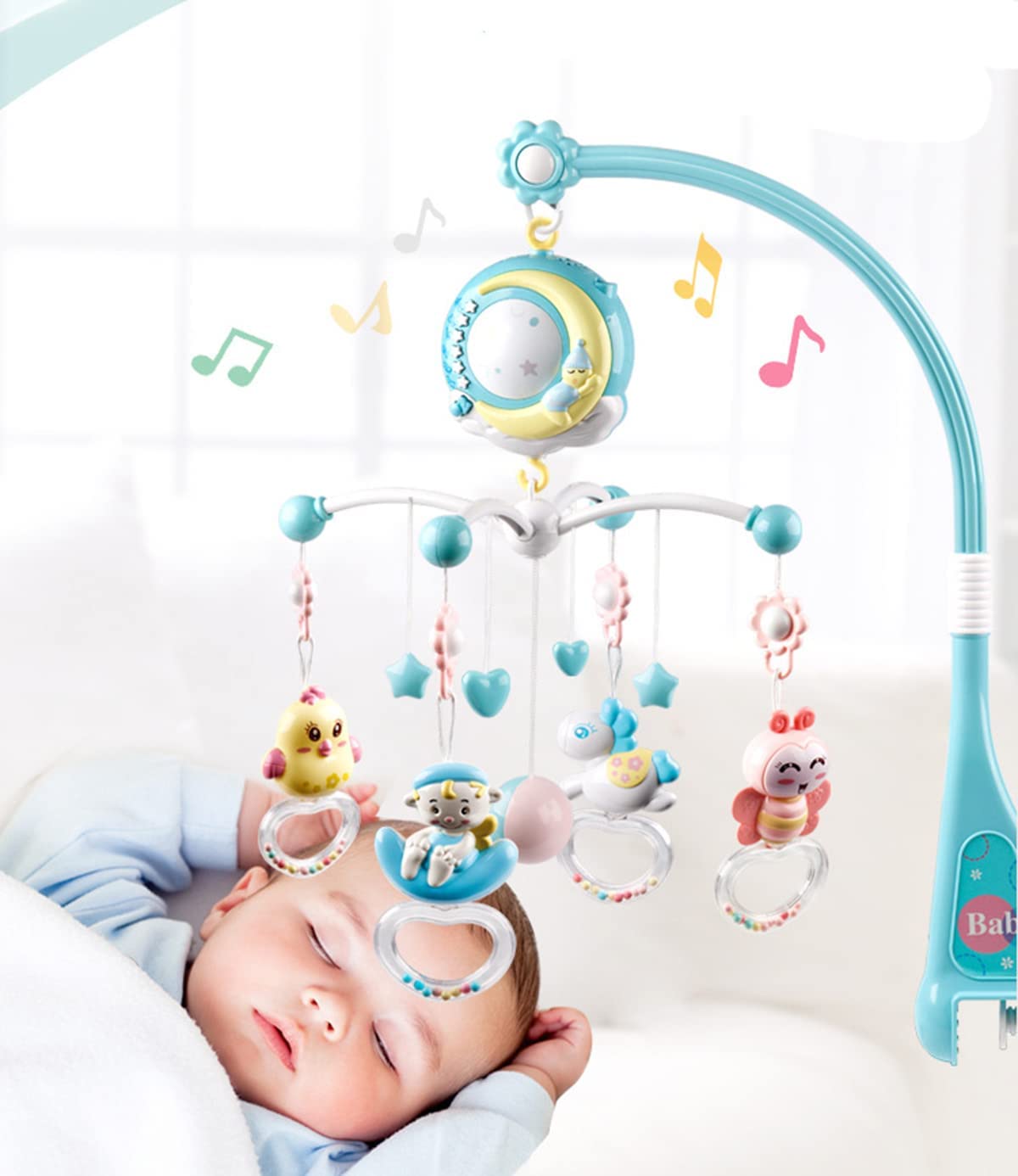 Baby Music Crib Movement, Projection Function and Night Light, Hanging Removable Teether Rattle and 150 Melody Music Box with Remote Control, Newborn Toy for 0-24 Months (Blue)