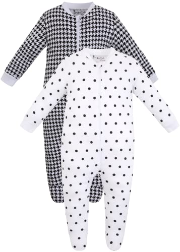 Jimonda Baby Girls Boys Pajamas,Organic Cotton PJS Sleeper,Zipper Closure Non-Slip Footie (Houndstooth&Dots, 9-12 Months)