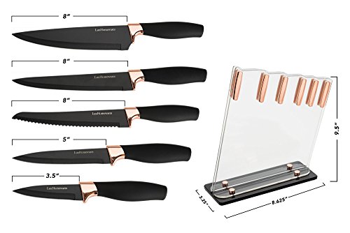 6 Piece Knife Set | 5 Beautiful Rose Gold Knives with Knife Block | Sharp Kitchen Knife Sets | Multiple Size, All Purpose Kitchen Knives | 8” Chef, Bread, & Carving Knife | Utility & Paring Knife