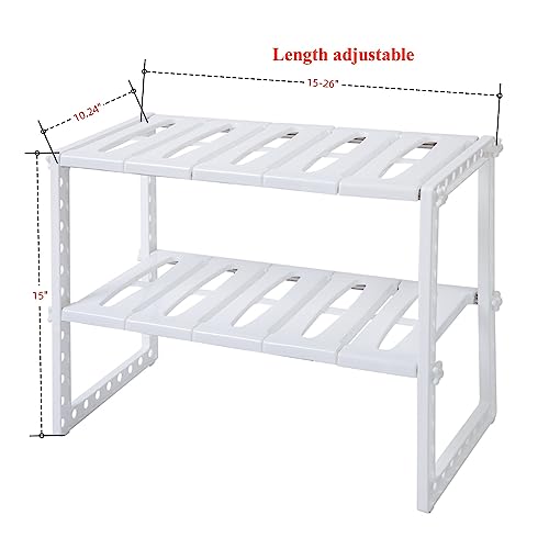 2-Tier Under Sink Organizers Storage Rack Extendable Kitchen Cabinet Shelf Organizer Rack Under Sink Shelf White;Length extendable from 15"to26"