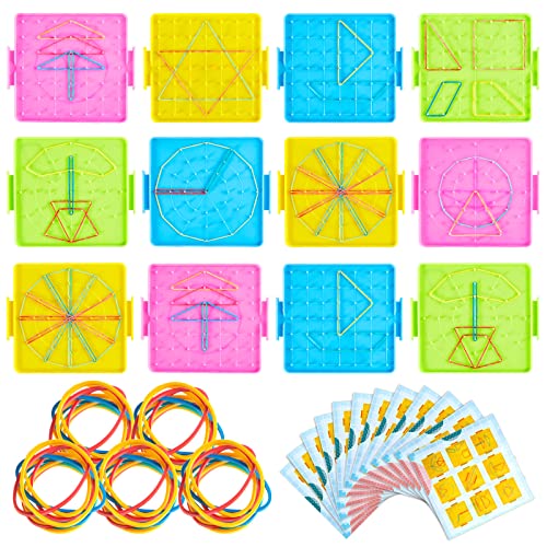 12 Pcs Double Sided Geoboard Mathematical Geoboards with Rubber Bands Math Manipulatives Toy for Geometry, 6.9 x 6.3 Inches