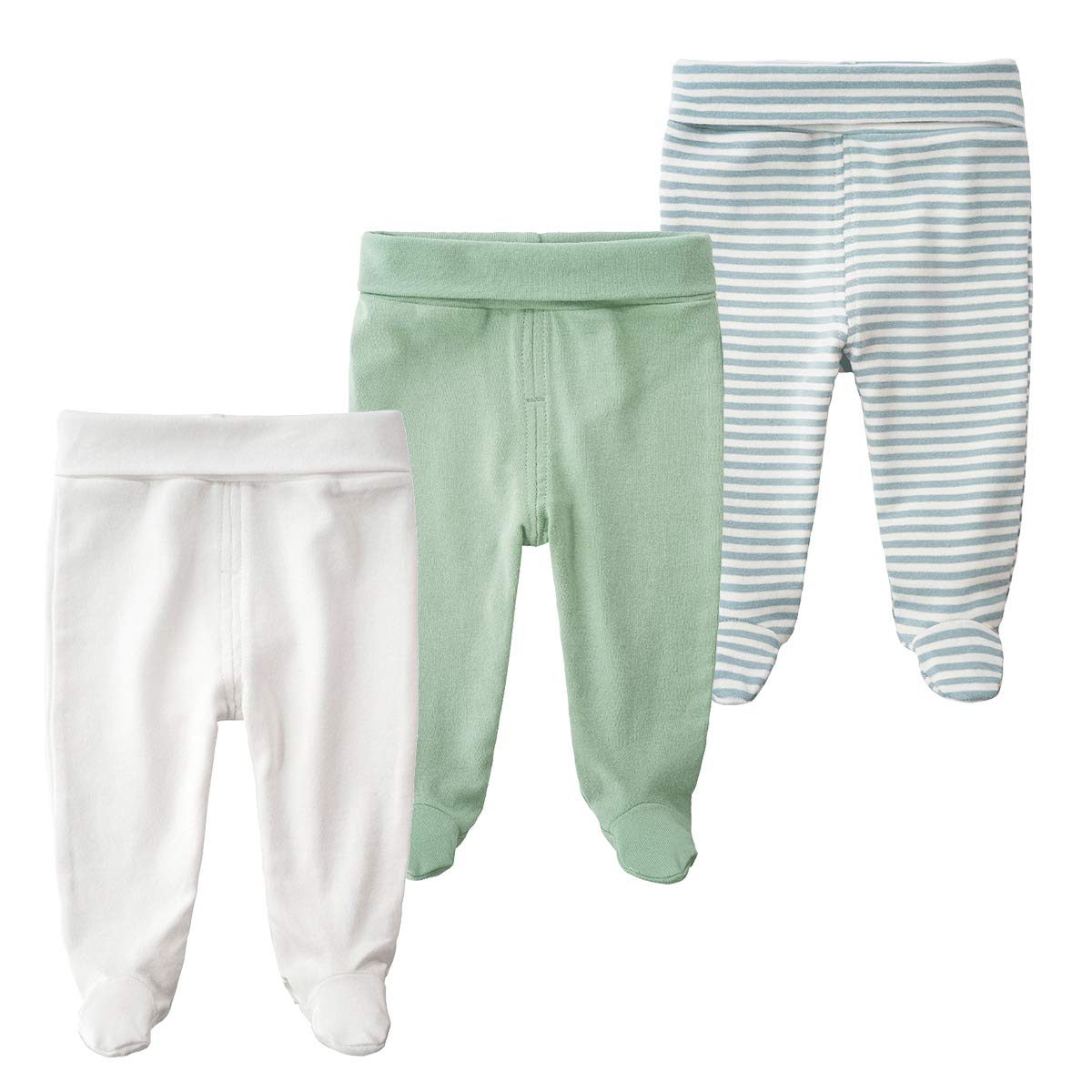 ACESTAR Newborn Infant Baby Boys Girls 3-Pack Cotton High Waist Footed Pants Casual Leggings with Feet 0-3 Months, Green and Green Stripe