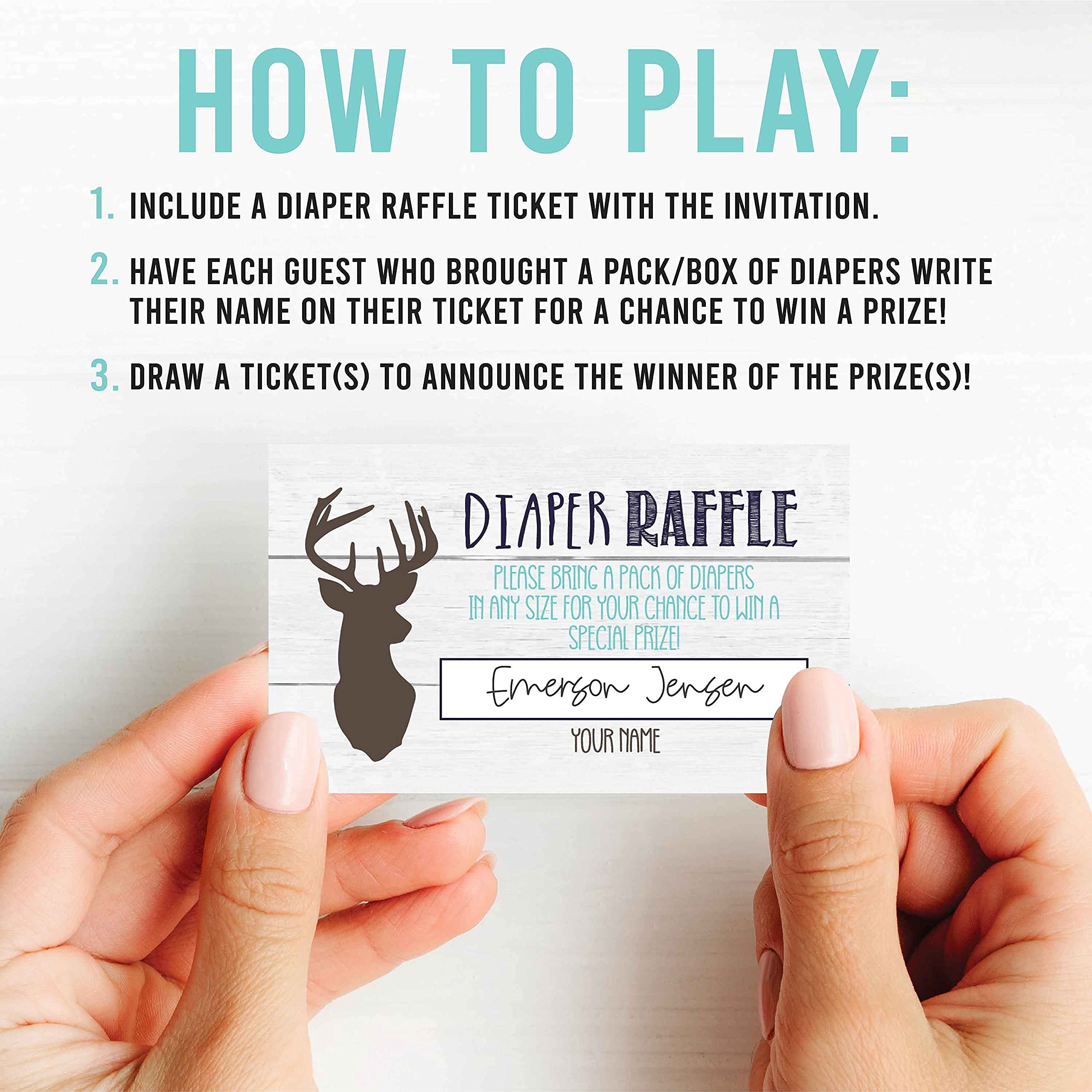 Hadley Designs Deer Baby Shower Invitation set-50 Invitations & 25 Diaper Raffle Tickets For Baby Shower Boy, Hunting Camping Camo Fill or Write in Card, Diaper Raffle Cards Inserts